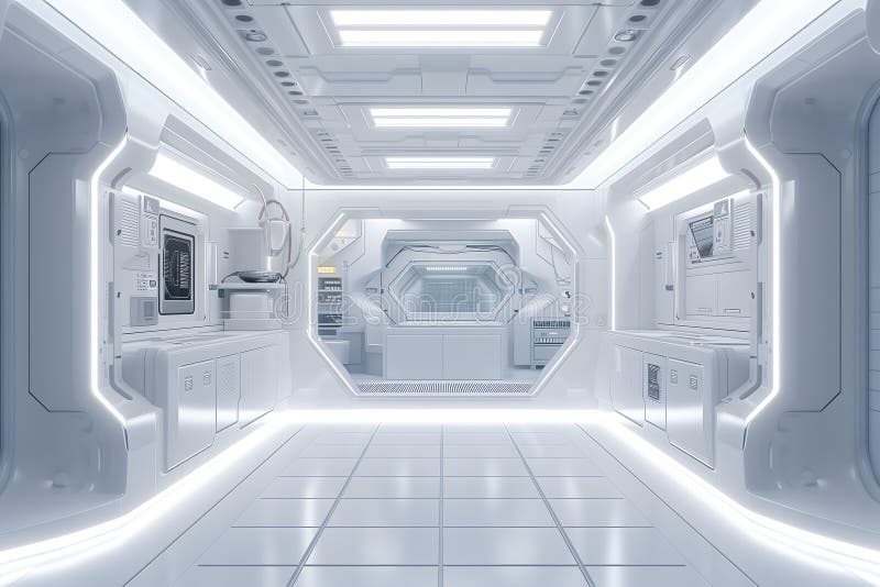 Futuristic White Space Station Style Interior of Kitchen Room Stock ...