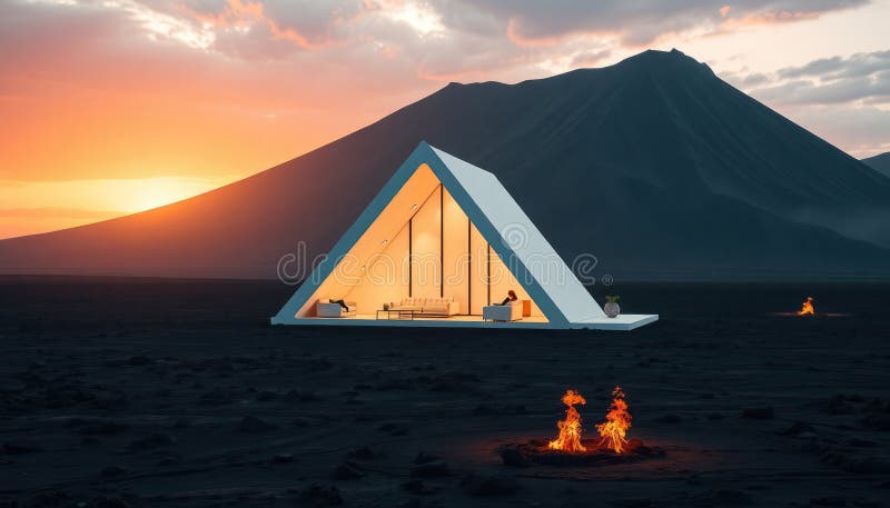 Futuristic White Triangular House Stands in Black Desert Landscape ...