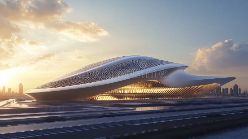 Futuristic White Wave Like Architectural Design at Sunset Stock ...