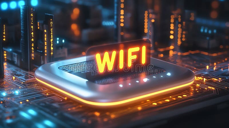 Futuristic WiFi Router on a Digital Circuit Board with Glowing Lights ...