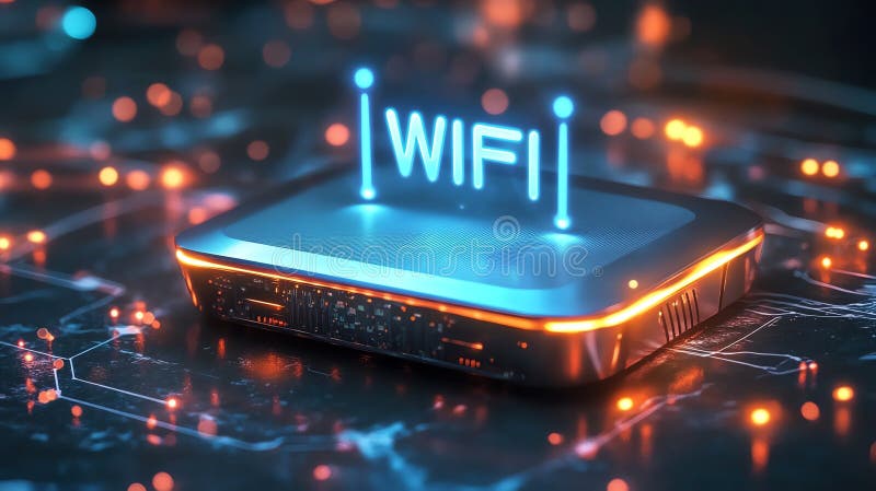 A Futuristic WiFi Router with Glowing Lights and Circuit Patterns ...