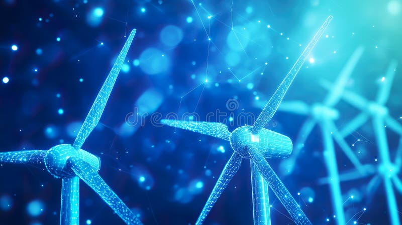 Futuristic Wind Turbines in Blue Digital Landscape for Renewable Energy ...
