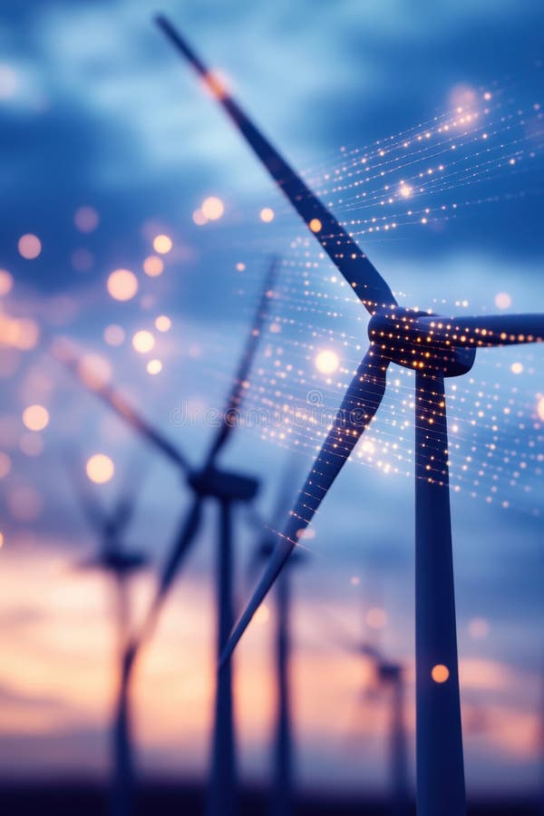 Futuristic Wind Turbines with Digital Overlay at Sunset for Renewable ...