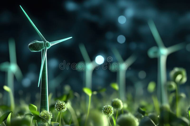 Futuristic Wind Turbines in Green Field with Digital Overlay at Night ...