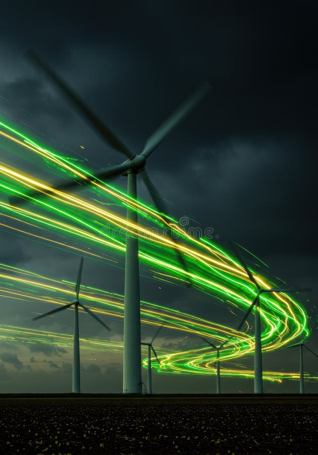 Futuristic Wind Turbines with Green Light Trails in Dramatic Sky Stock ...