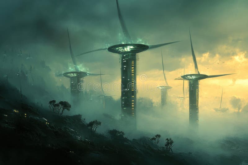 Futuristic Wind Turbines in Misty Landscape Stock Image - Image of ...