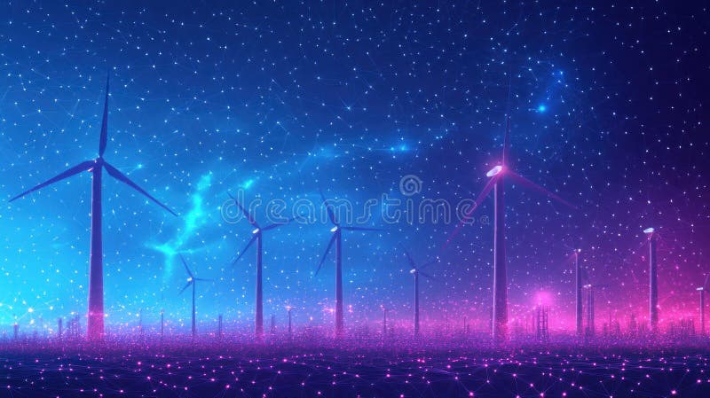 Futuristic Wind Turbines at Night Under a Starry Digital Sky Stock ...