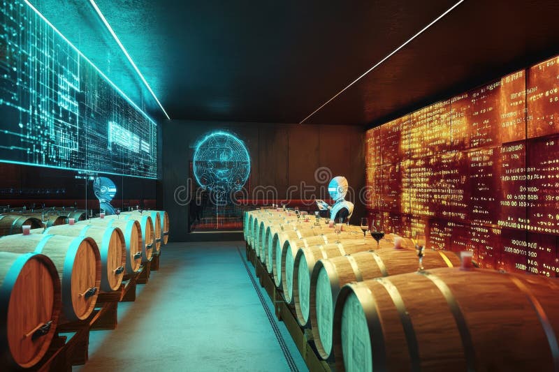 Futuristic Winery with Robot Analyzing Data in a Barrel Room at Night ...