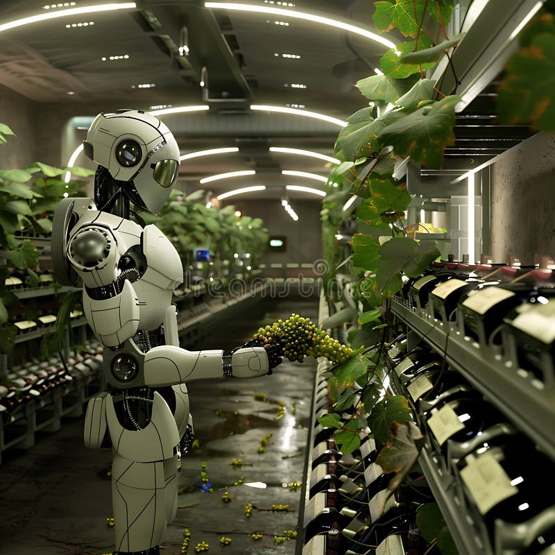 Futuristic Winery Robot Tending Grapes and Wine Storage Stock ...