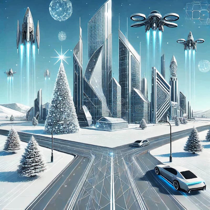 Futuristic Winter Cityscape with Advanced Architecture, Flying ...