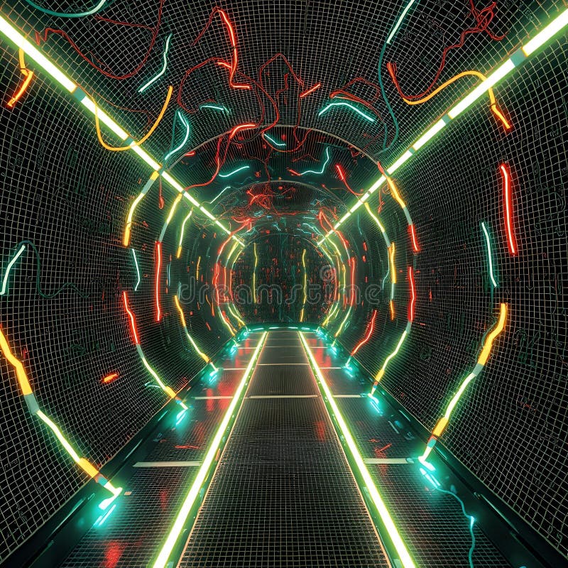 Futuristic Wire Mesh Tunnel: Cyberpunk Technology Background Stock ...