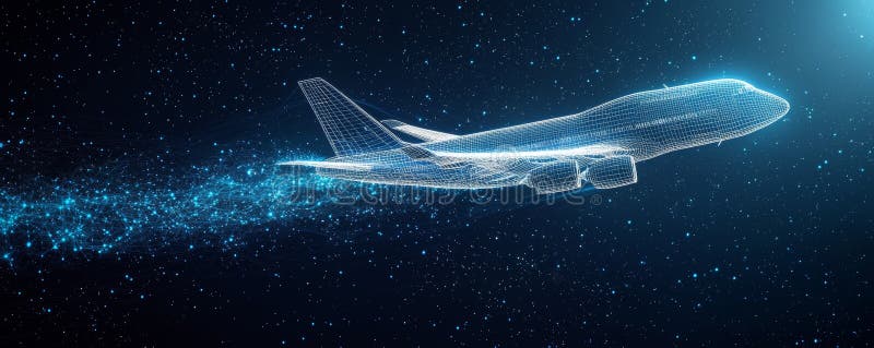 Futuristic Wireframe Airplane Flying through a Starry Night Sky Stock Image - Image of internet ...
