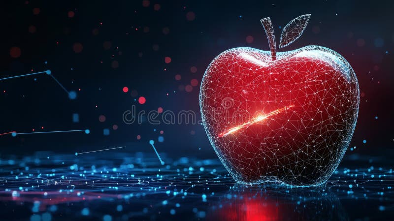 Futuristic Wireframe Apple with Digital Elements and Glowing Effects ...