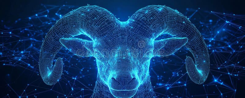 Futuristic Wireframe Aries Symbol with Glowing Blue Lights on Dark ...