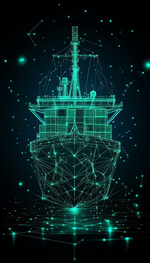 Futuristic Wireframe Cargo Ship on Dark Background, Technology and ...