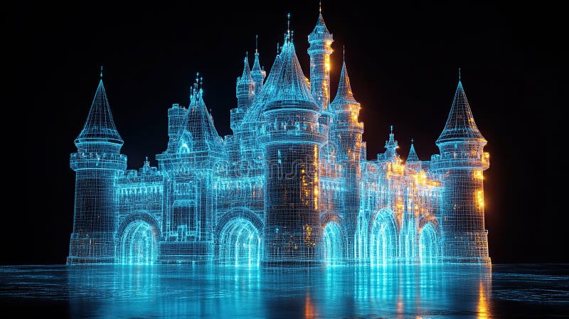 Futuristic Wireframe Castle Digitally Rendered with Glowing Lights ...