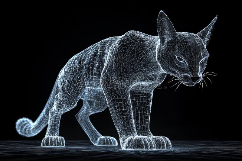 Futuristic Wireframe Cat Illustration in Digital 3D Style on Black ...