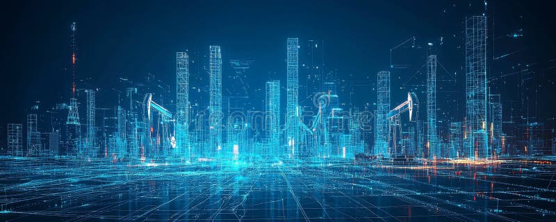 Futuristic Wireframe Cityscape with Digital Network Connections and ...