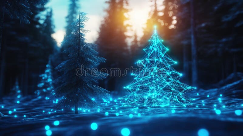 Futuristic Wireframe Hologram of Christmas Tree Amidst Forest in Winter ...
