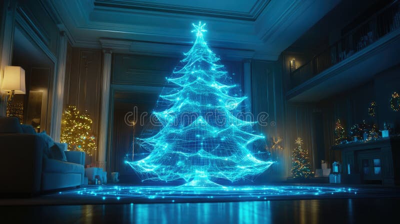 Futuristic Wireframe Hologram Christmas Tree Display in Festive ...