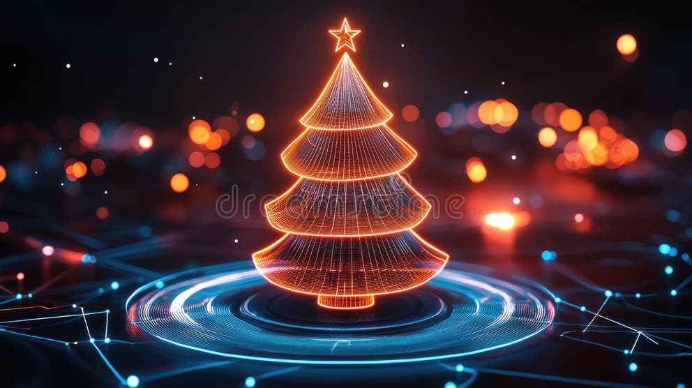 Futuristic Wireframe Hologram of a Christmas Tree with Glowing Lights ...