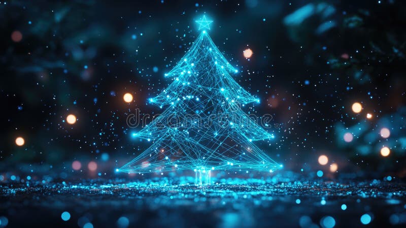 Futuristic Wireframe Hologram Christmas Tree in a Night Scene Stock ...