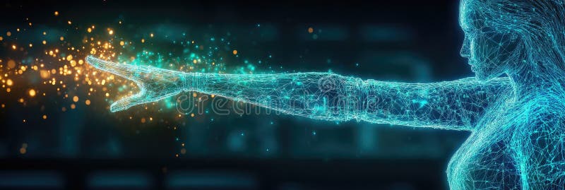 Futuristic Wireframe Hologram of Robotic Arm with Digital Sparks for ...