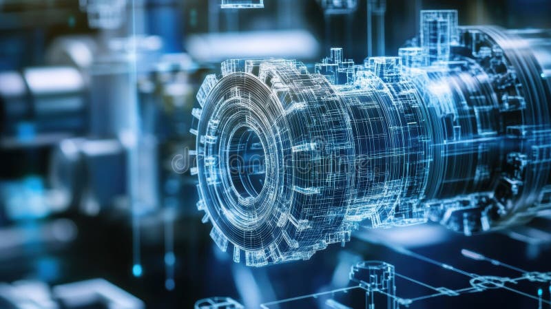 Futuristic Wireframe Model of a Turbine Rotating in a Manufacturing ...