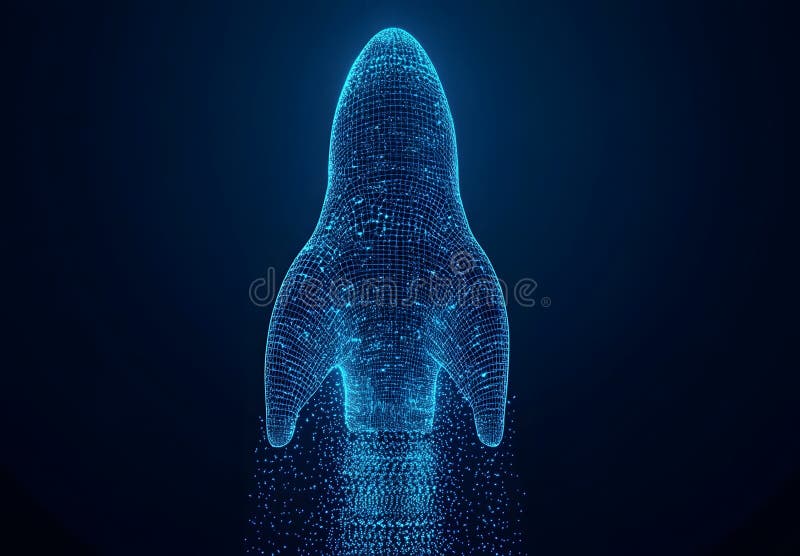 Futuristic Wireframe Rocket Launching Over Digital Mountain Landscape ...