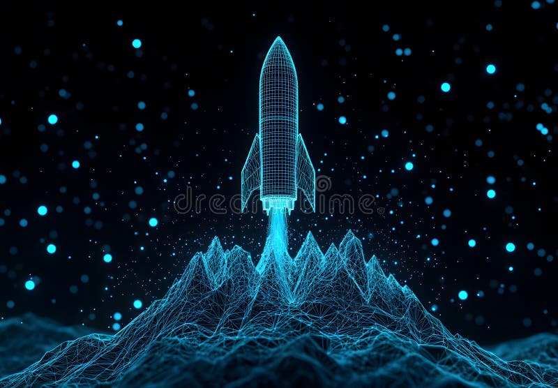 Futuristic Wireframe Rocket Launching Over Digital Mountain Landscape ...