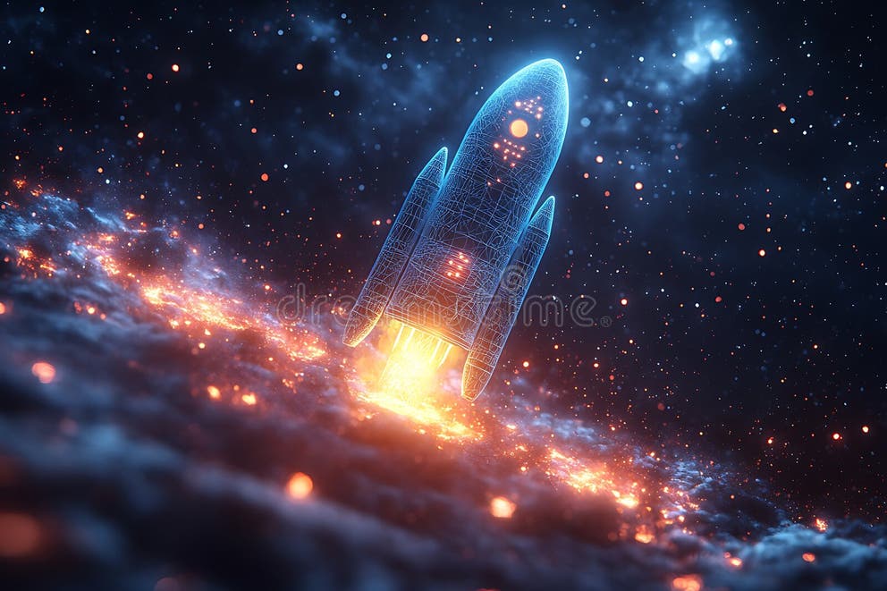 Futuristic Wireframe Rocket Launching through Space Nebula, Digital Art ...