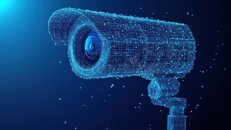 Futuristic Wireframe Security Camera on Dark Blue Background Stock ...
