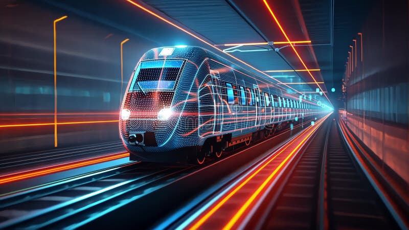 Futuristic Wireframe Train Moving through Digital Tunnel Visualization ...