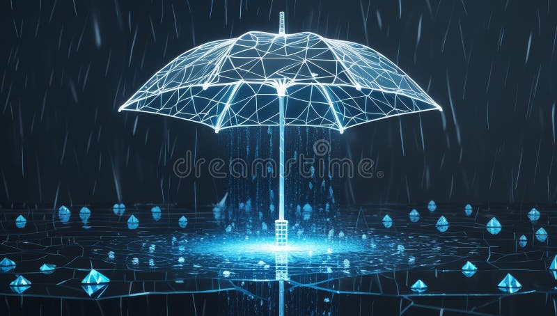 Futuristic Wireframe Umbrella Protecting from Digital Rain on Glossy ...