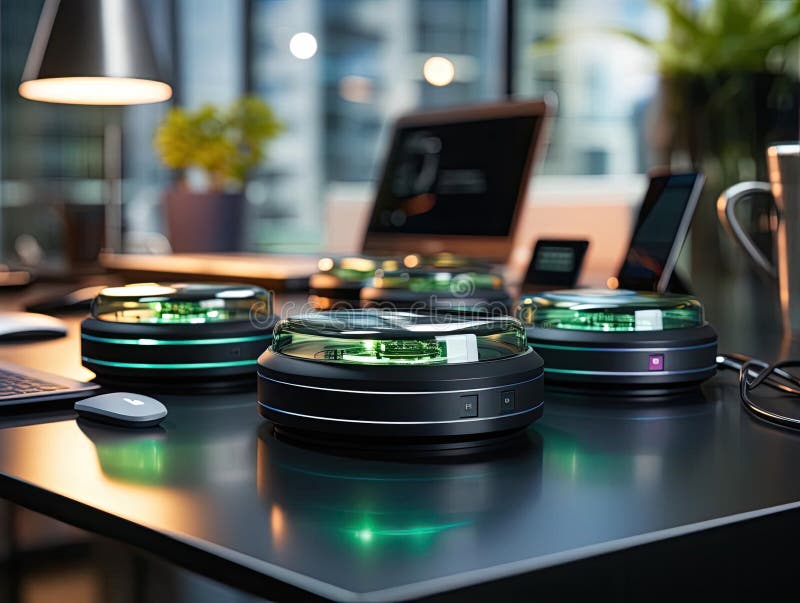 Futuristic Wireless Charging Devices Embedded in Office Tabletop Stock ...