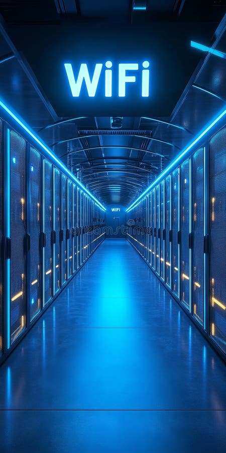 Futuristic Wireless Connectivity Illuminated WiFi Sign in a High-Tech ...