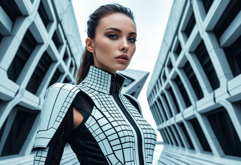 Futuristic Woman in High-tech Attire between Geometric Buildings Stock ...