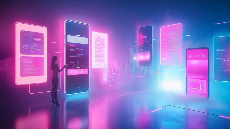 Futuristic Woman Interacting with Floating Smartphone App Interfaces ...