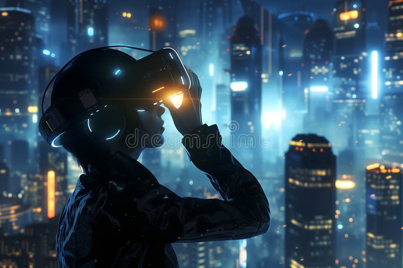 Futuristic Woman Interacting with a High-Tech Virtual Display in Neon ...