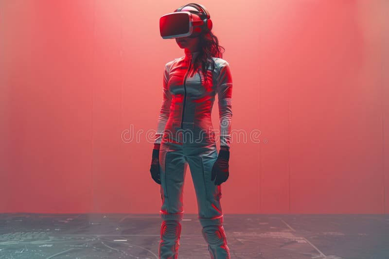 A Futuristic Woman Wearing A Vr Headset Is Immersed In Exploring A
