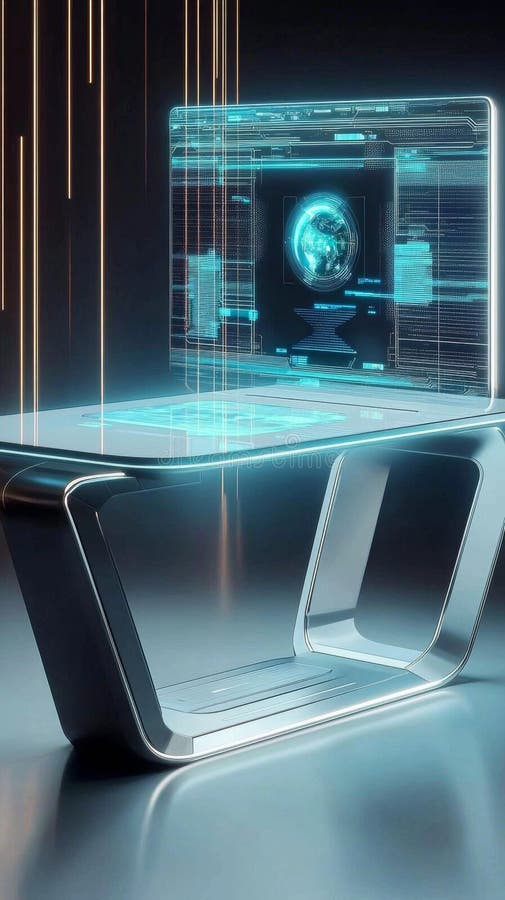 Futuristic Work Desk with Holographic Display Showcasing Interactive ...