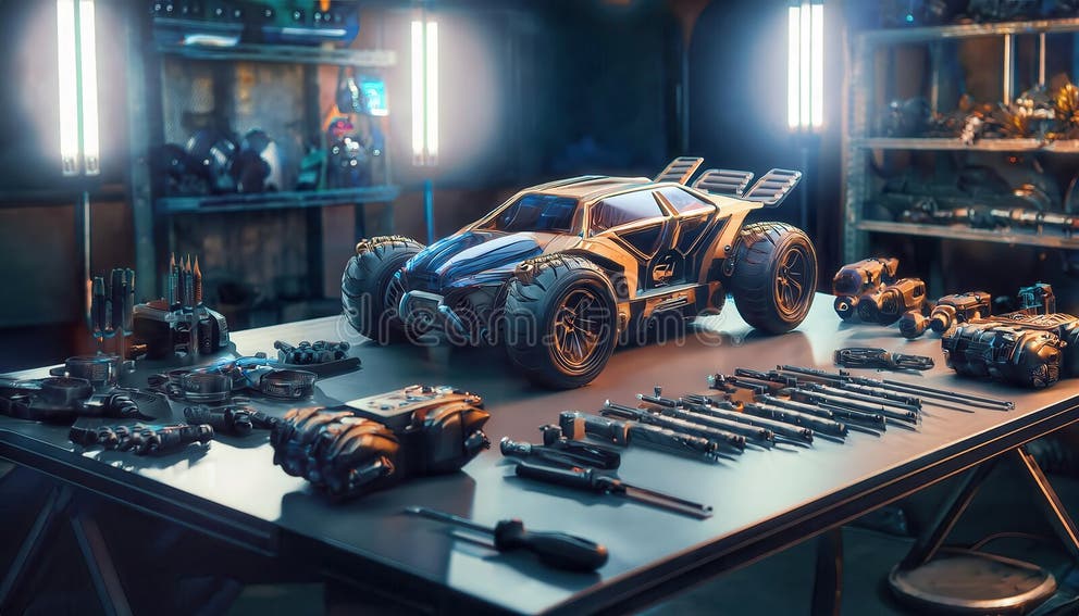 Futuristic Workbench Showcasing Advanced Remote Controlled Vehicle in ...