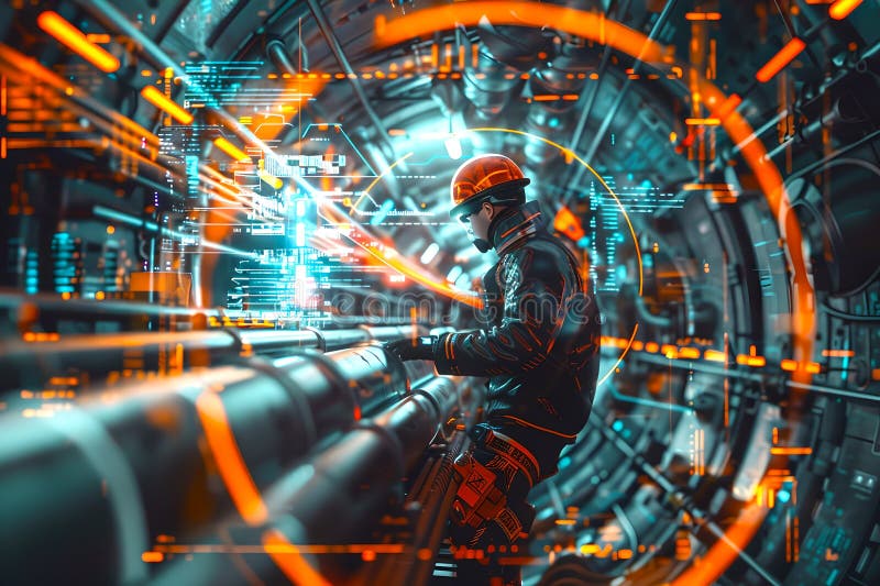 Futuristic Worker Inspects High-Tech Facility with Holograms. Vibrant ...