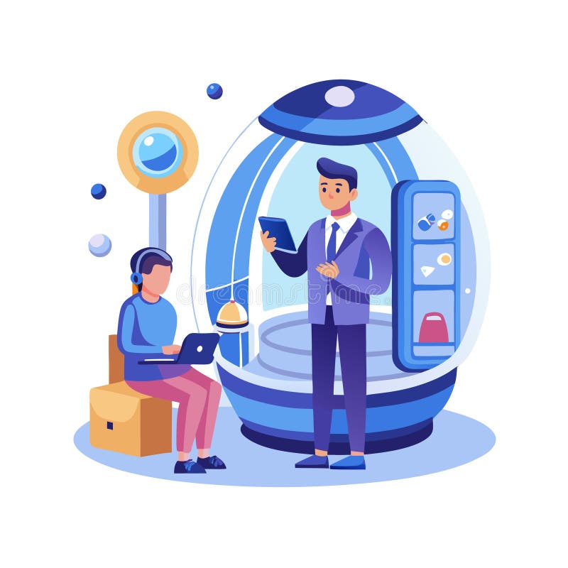 Futuristic Workplace Concept with Capsule and Professionals Working on ...