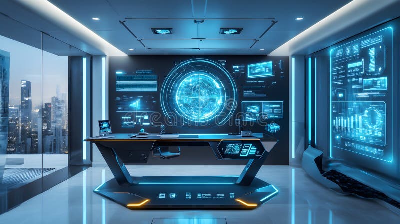 A Futuristic Workplace with a Holographic Desk Stock Illustration ...