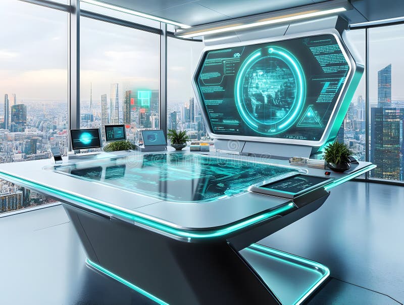 A Futuristic Workplace with a Holographic Desk Stock Illustration ...