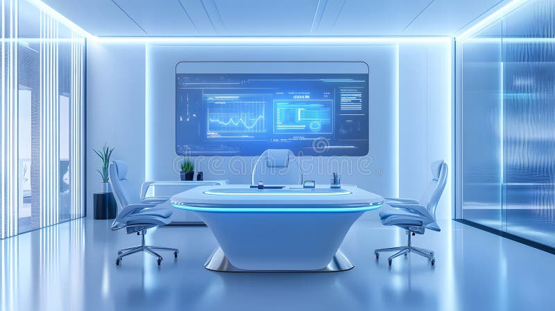 A Futuristic Workplace with a Holographic Desk Stock Illustration ...