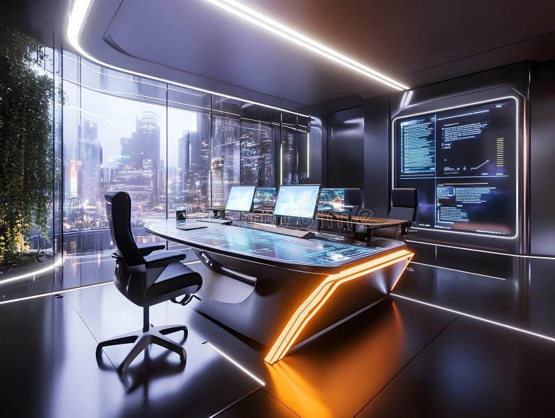 A Futuristic Workplace with a Holographic Desk Stock Illustration ...