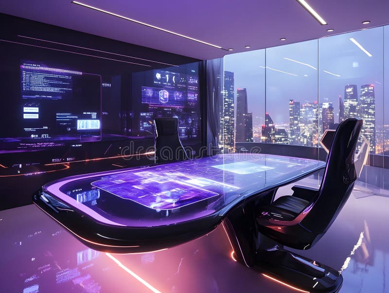 A Futuristic Workplace with a Holographic Desk Stock Illustration ...