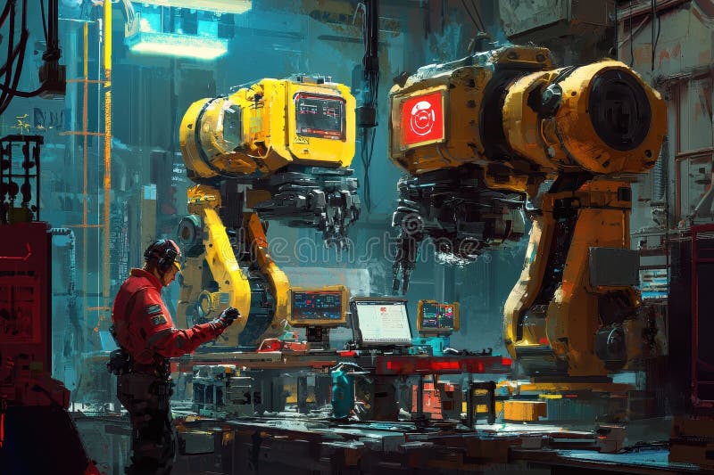 Futuristic Workshop with Advanced Robots and a Technician Engaged in ...
